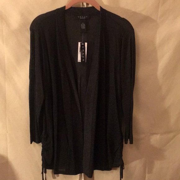 Grace | Sweaters | Grace Cardigan Sweater Black Sparkle Sheer Ruched ...